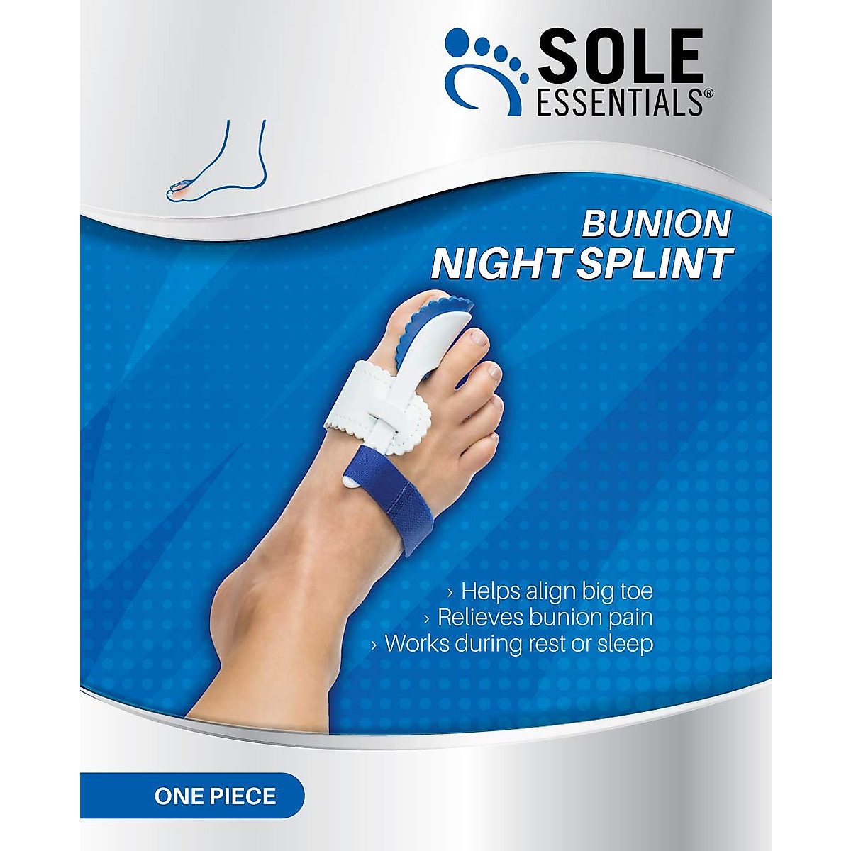 Sole Essentials Bunion Night Splint, Supports and Realigns Big Toe, White/Blue, Universal-Left
