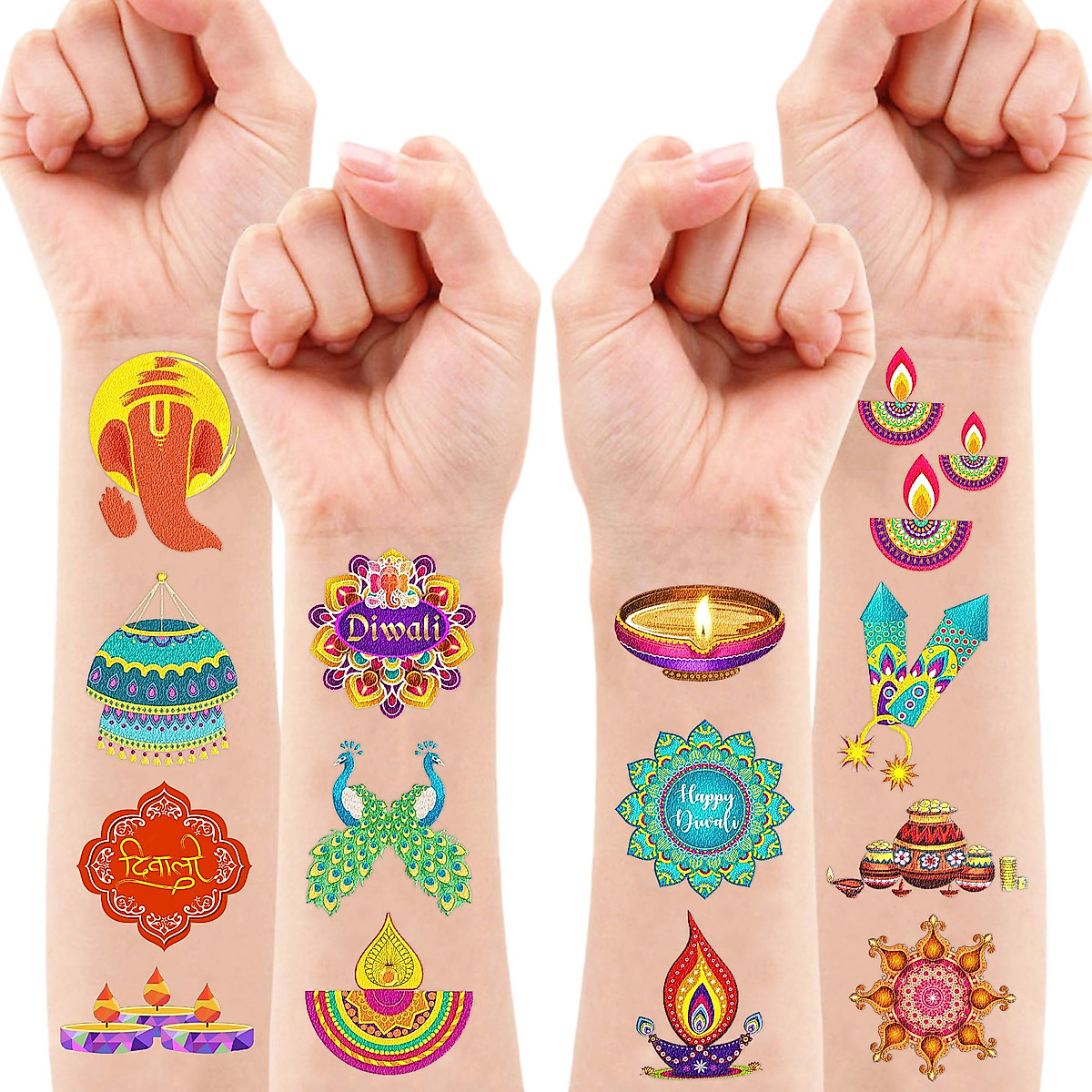 100 PCS Diwali Birthday Party Decorations Favors Supplies Temporary Tattoos Decor Happy Diwali Festival of Lights Candle Diya Lamp Stickers For Boys Girls Gift School Prizes Rewards