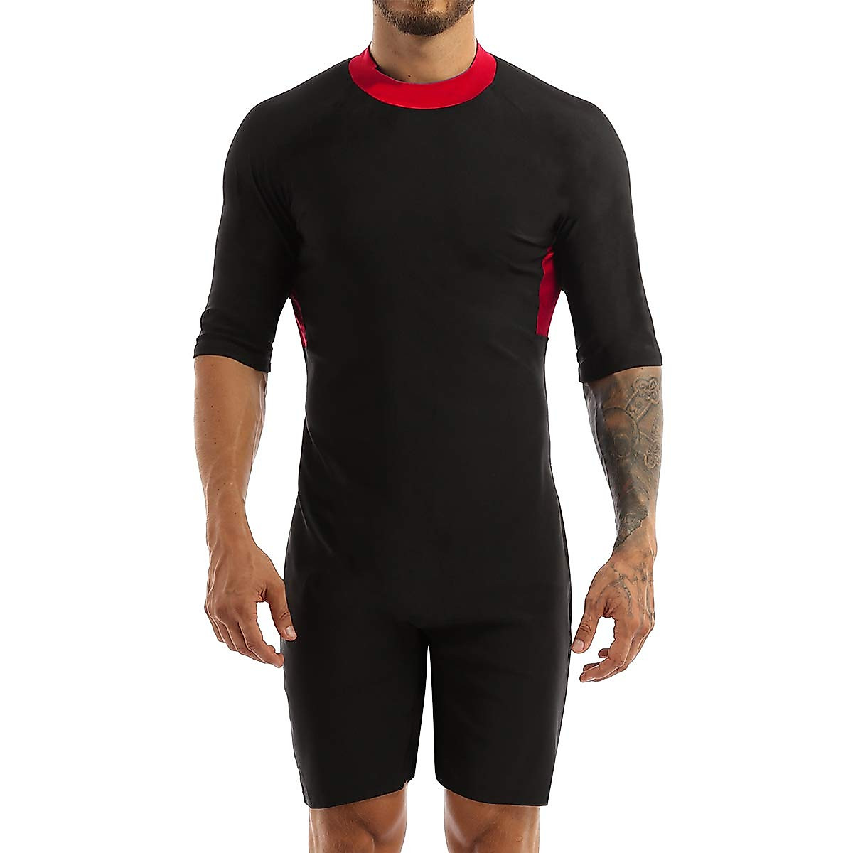 Shinsto Mens One Piece Surfing Diving Shorty Wetsuit Rock Neck Half Sleeve Stretchy Jumpsuit Swimwear Red XX-Large