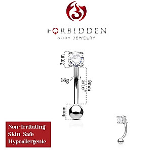 Forbidden Body Jewelry 16g 8mm Surgical Steel Curved Barbell w/Solitaire CZ for Daith, Eyebrow & Rook Piercings (Clear)