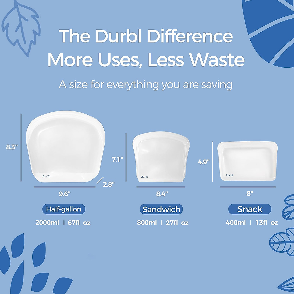 Durbl-Reusable Silicone Bags, 5 Pack(Sky), Snack+Sandwich+Half-Gallon, Microwave, Dishwasher and Freezer Safe Silicone Bags For Food & Travel, Reusable Baggies Perfect for Snack Sandwich Storage