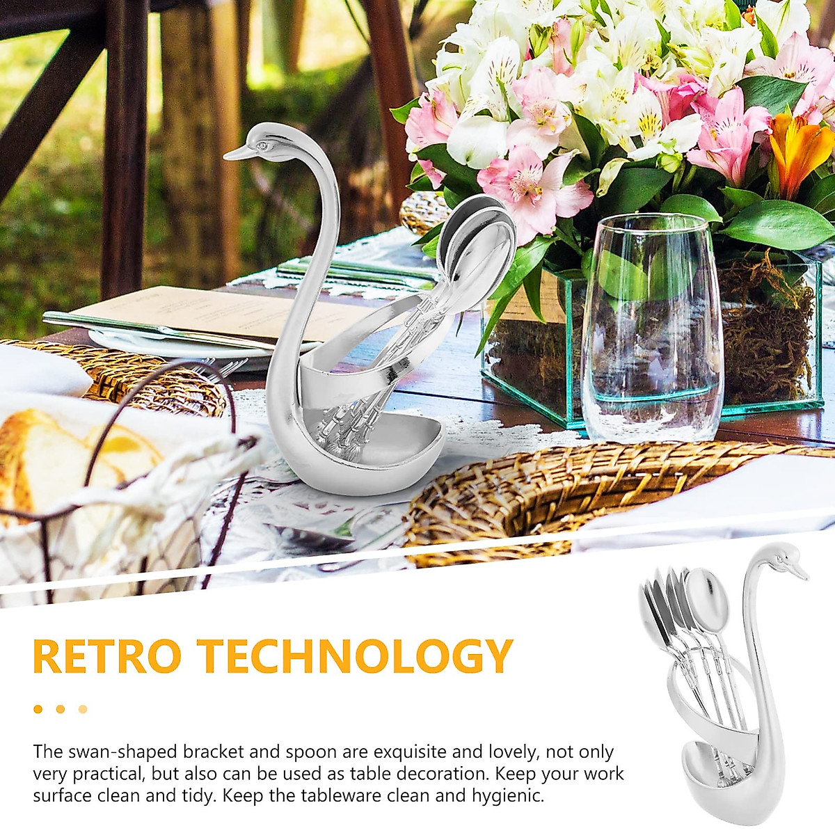 MAGICLULU Ice Cream Spoon Coffee Spoon Set with Swan Base Holder 6Pcs Dessert Spoons with Organizer Dessert Flatware Set for Tea Coffee Ice Cream Cake Sugar Silver Espresso Spoons