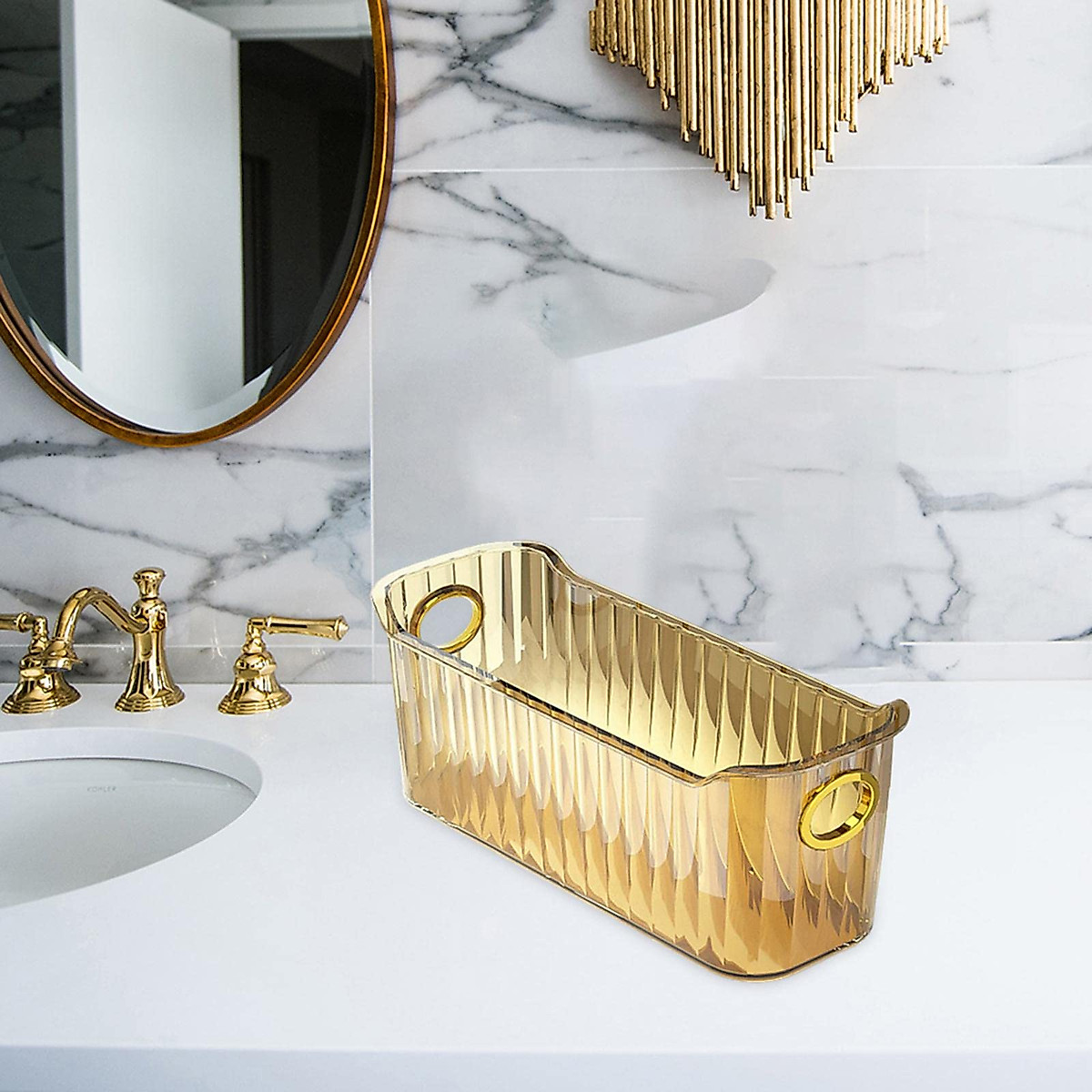 PETSOLA Multifunctional Desktop Storage Basket Organizer Storage Bin for Cosmetics Kitchen Closet Shelf Bathroom Vanity, Aureate