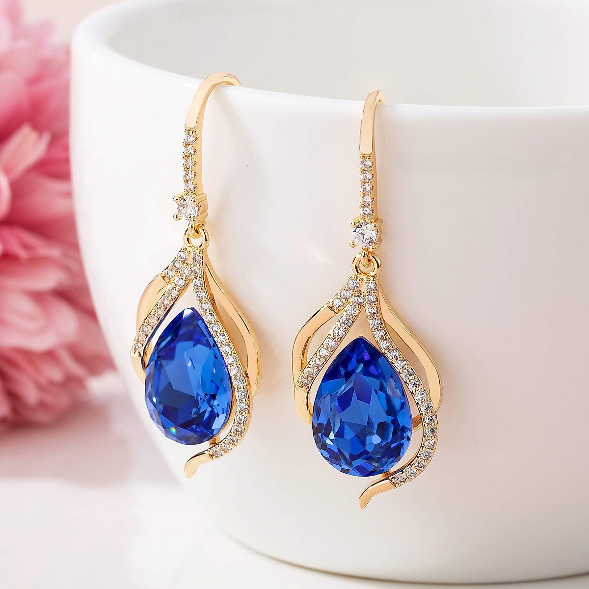 Austrian Crystal Hollow Teardrop Halo Drop Dangle Earrings for Women 14K Rose Gold Plated Hypoallergenic Jewelry (Bermuda Blue)