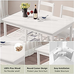 Dining Table Set for 4, 4 Piece Kitchen Table with Chairs and Bench, Wood Rectangular Dining Table Set with 2 PU Leather Chair and Bench for Small Spaces, Apartment, Breakfast, Living Room (White)