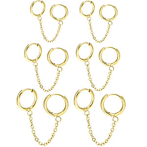 Chain Double Hoop Earrings for Double Piercing: 3 Pairs 14K Gold Plated Lightweight Huggie Hoop Earrings, Cartilage Hoop Earring Helix Piercing Jewelry for Women (Gold)