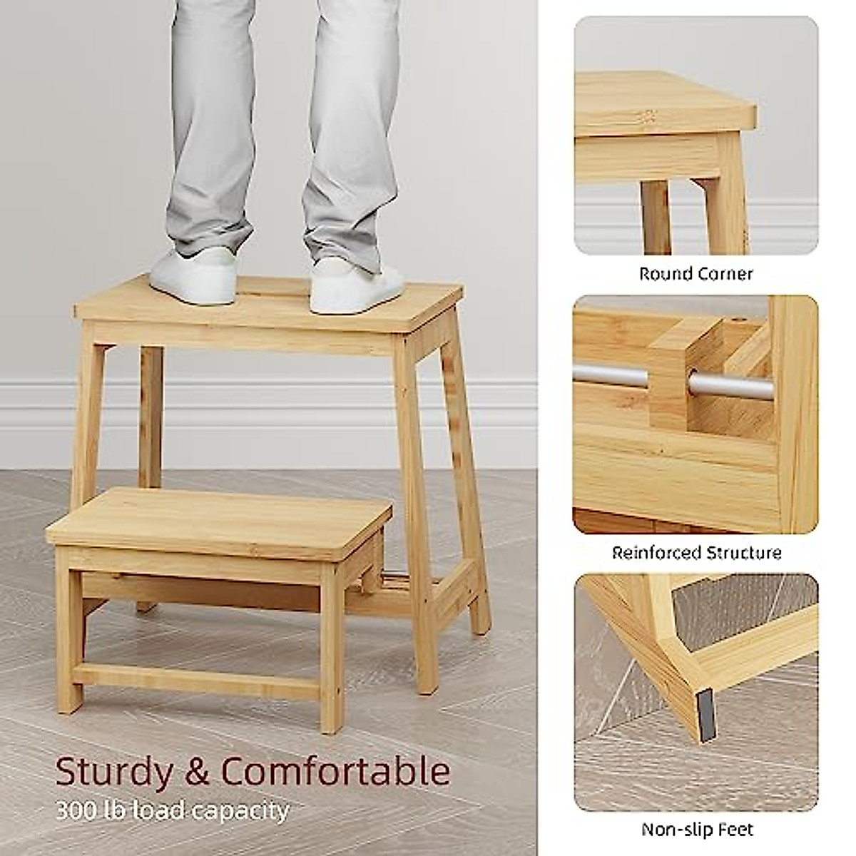 BEKVEM Bamboo Folding Step Stool with Sturdy Structure and Wide Stepping Surface for Safety, Multi-Purpose Foldable Step Stool, Step Ladder for Bathroom,Bedroom,Kitchen (Standard Bamboo, Small)