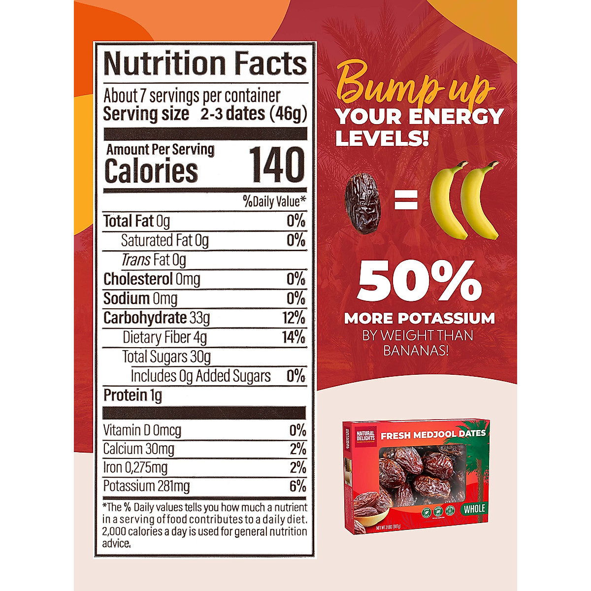 Natural Delights Dates – Large & Plump, Non-GMO Verified, Good Source of Fiber, Naturally Sweet Fruit Snack, Perfect for On-the-Go - Medjool Dates Whole, 2 lb Box