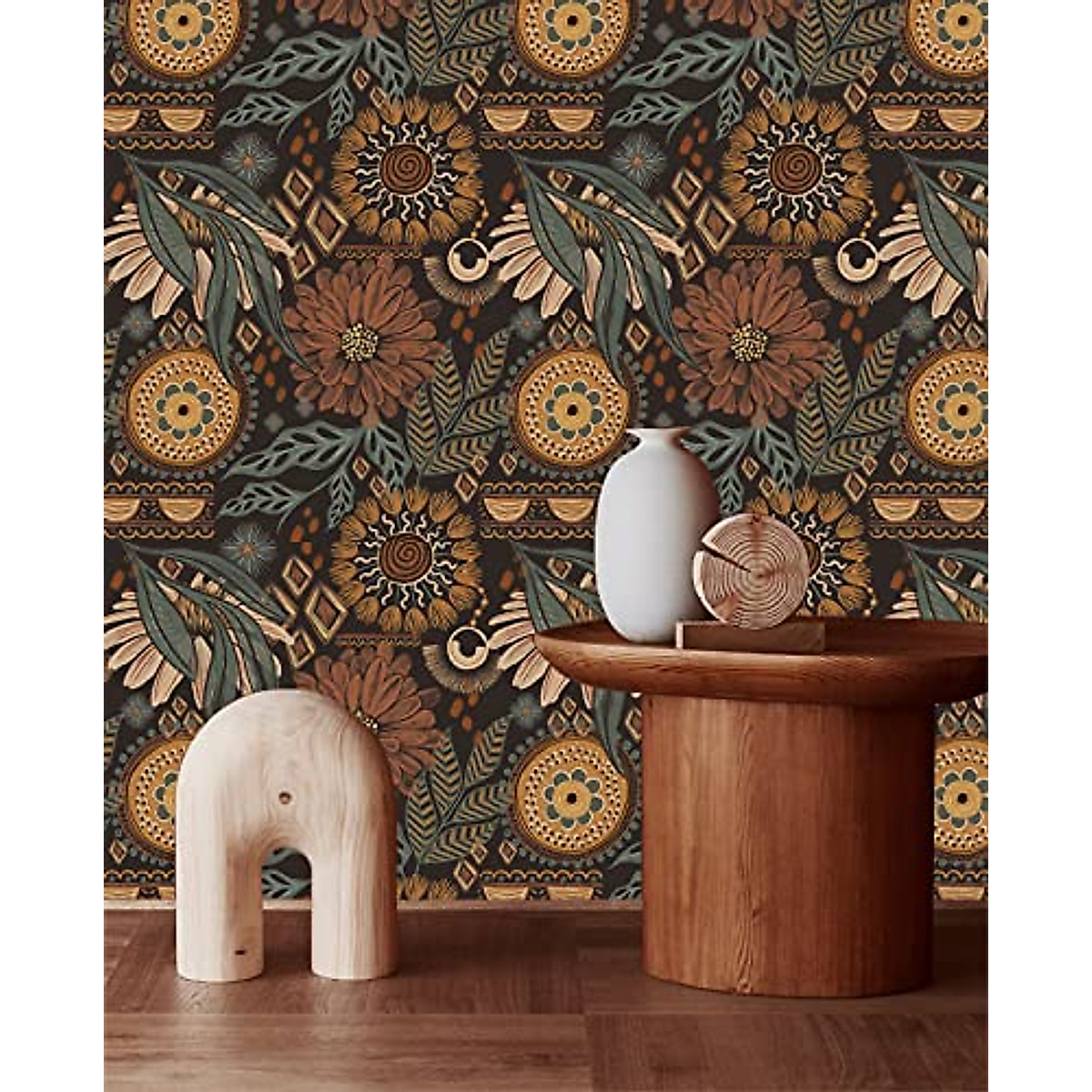 HAOKHOME 93291 Wallpaper Peel and Stick Floral Boho Brown/PeachPuff/Green Retro Wall Decor Bathroom Removable Mural 17.7in x 9.8ft