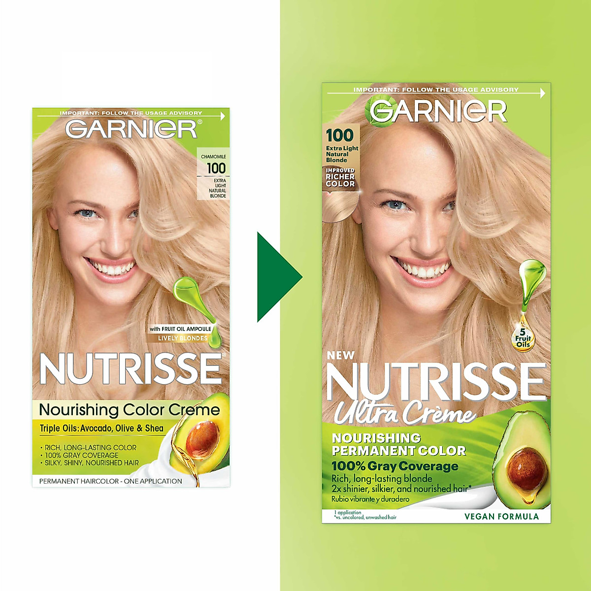 Garnier Hair Color Nutrisse Nourishing Creme, 100 Extra-Light Natural Blonde (Chamomile) Permanent Hair Dye, 2 Count (Packaging May Vary)