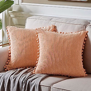 Fancy Homi Pack of 2 Peach Decorative Throw Pillow Covers 18x18 Inch with Pom-poms for Couch Bed Living Room Bedroom, Farmhouse Boho Home Decor, Soft Coral Corduroy Solid Square Cushion Case 45x45 cm
