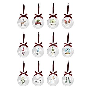 Rae Dunn Christmas Ornaments - Set of 12 Clear Glass Balls with Cute Holiday Designs - 60mm / 2.36 Inch Hanging Decorations for Xmas Tree