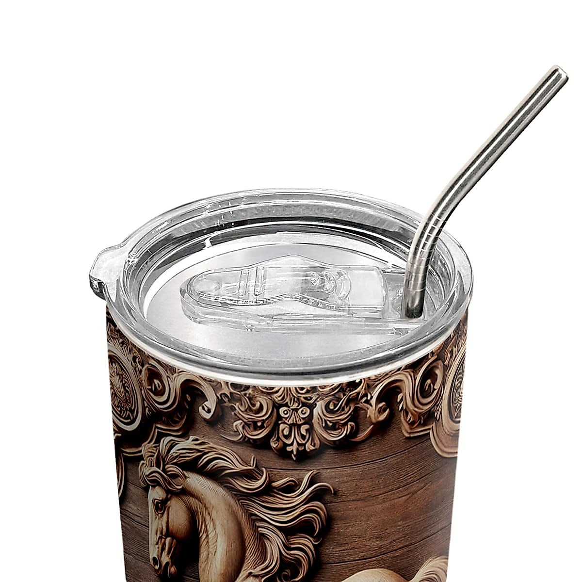 20oz Printed Wooden Horse Tumbler, Equestrian Gifts for Horse Lovers, Country Horses Coffee Thermos for Men, Women, Stainless Steel Double Wall Vacuum Insulated Coffee Mug, Travel Cup with Lid