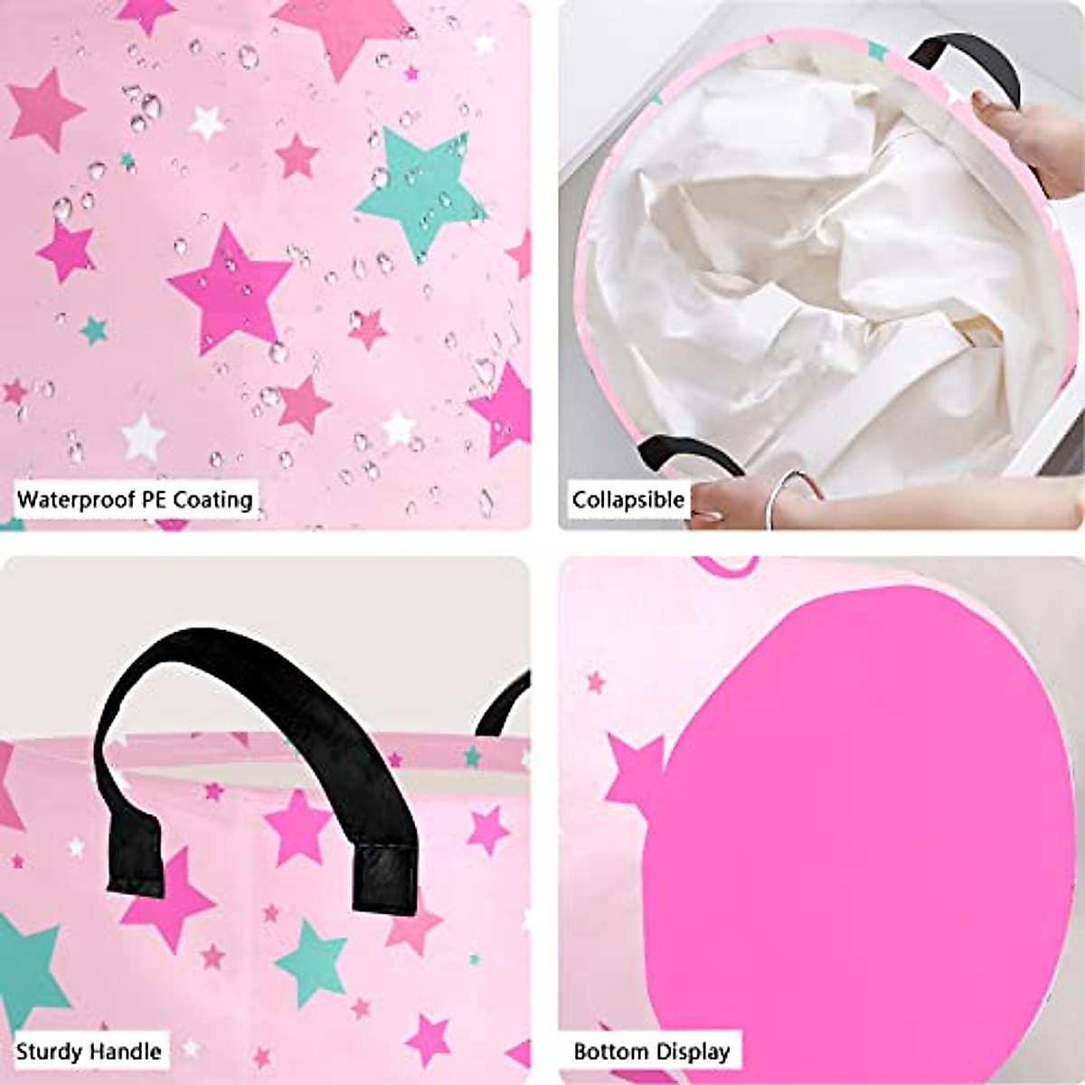 Personalized Laundry Basket Hamper,Star Pink Background,Collapsible Storage Baskets with Handles for Kids Room,Clothes, Nursery Decor