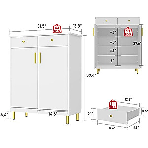 Homsee Shoe Storage Cabinet with 2 Doors & 2 Drawers, 4-Tier Freestanding Wood Shoe Rack Organizer with Adjustable Shelves for Entryway, Hallway, Bedroom, White (31.5”L x 13.8”W x 39.4”H)
