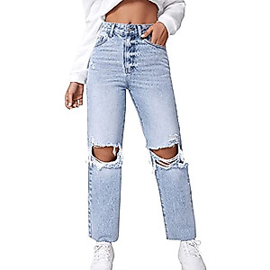SweatyRocks Women's High Waist Ripped Distressed Cropped Jeans Straight Leg Denim Pants Light Wash L