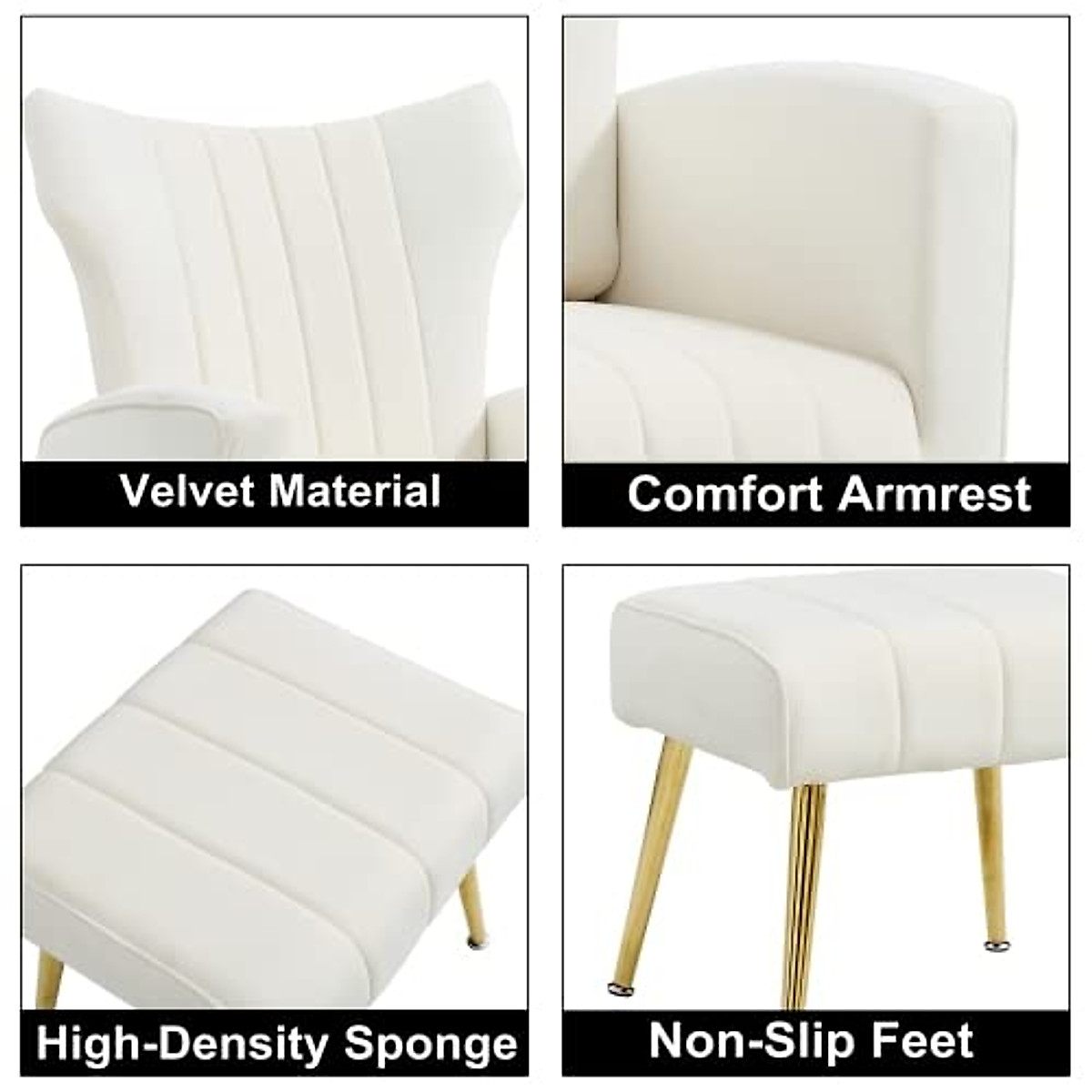 FATFISH Modern Velvet Accent Chair with Arms, Wingback Reading Chair with Gold Metal Legs, Comfy Upholstered Single Leisure Sofa for Living Room Bedroom Club(Velvet+White)