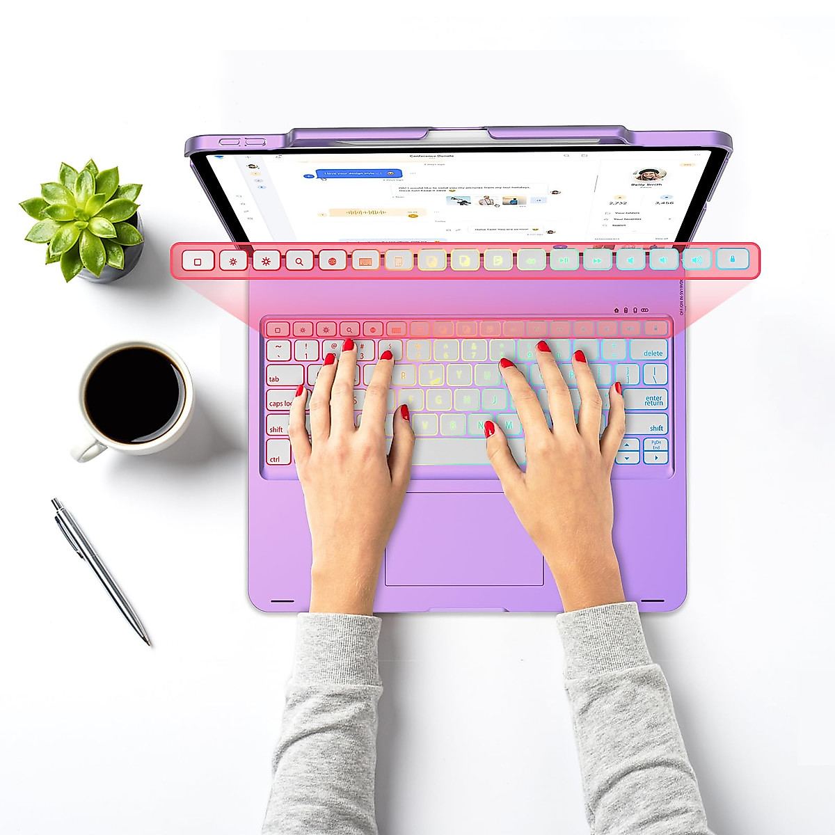 SENGBIRCH Touch Keyboard Case for iPad Pro 12.9-inch (3rd, 4th, 5th, 6th Generation) - 7 Colors RGB Backlit, 360° Swivel Hard Shell with Pencil Holder, Purple