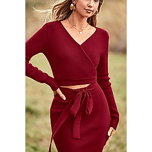 PRETTYGARDEN Women Sexy Sweater Long Sleeve Wrap V Neck Ribbed Knitted Top High Waist Bodycon Two Side Slit Skirt Set(Solid Wine Red,Large)