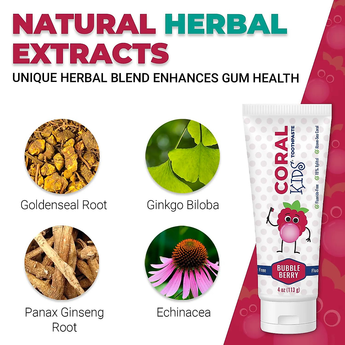 Coral White Kids Bubble Berry Fluoride Free Toothpaste - 4 Ounces (3 Pack)