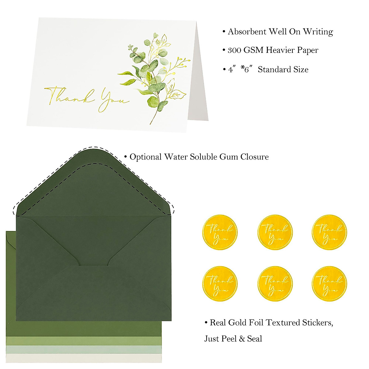 Crisky 50 Pack Eucalyptus Thank You Cards With Envelopes Greenery Thank You Cards for Wedding,Bridal Shower,Baby Shower,Small Business,Graduation