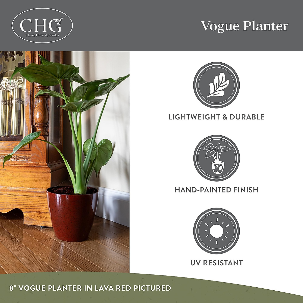 Classic Home and Garden Vogue Planter Pots w/Pottery Quality Finish - Modern Indoor & Outdoor Flower Pots - UV-Resistant Porch Planters - Decorative Pot for Flowers & Herbs (8” Lava Red)