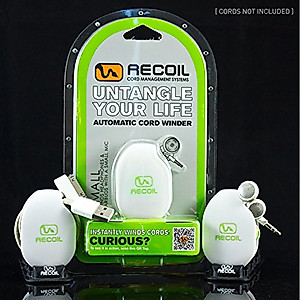 Recoil Automatic Cord Winder for Headphones and Earbuds. No More Tangled Headphones! The Original Retactable Cord Organizer. White, Size Small
