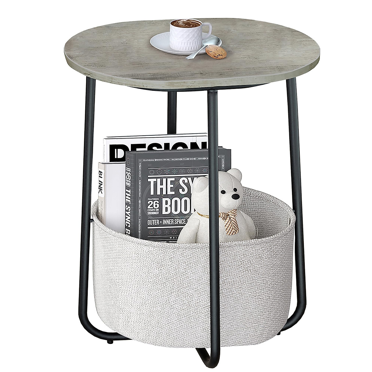 TUTOTAK Small Side Table, Oval End Table, Night Stand, Bedside Table, Sofa Table with Cloth Storage Basket, Living Room, Bed Room, Greige TB01BG063