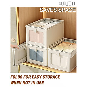 OUUJIIU Large Storage Baskets for Shelves | Sturdy Fabric Closet Storage Bins for Organizing with Clear Window| 17"x10"x8" Collapsible Home Organization with Lid, Beige, 3-Pack
