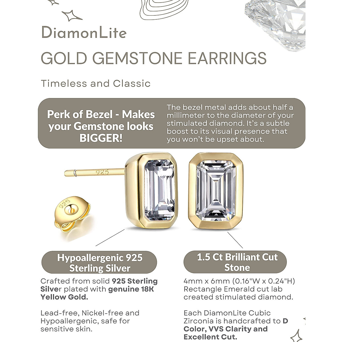 DIAMONLITE 1 -1.5 Ct Cubic Zirconia Stud Earrings for Women and Men, D Color VVS Clarity Excellent Cut, Sterling Silver, Cubic Zirconia