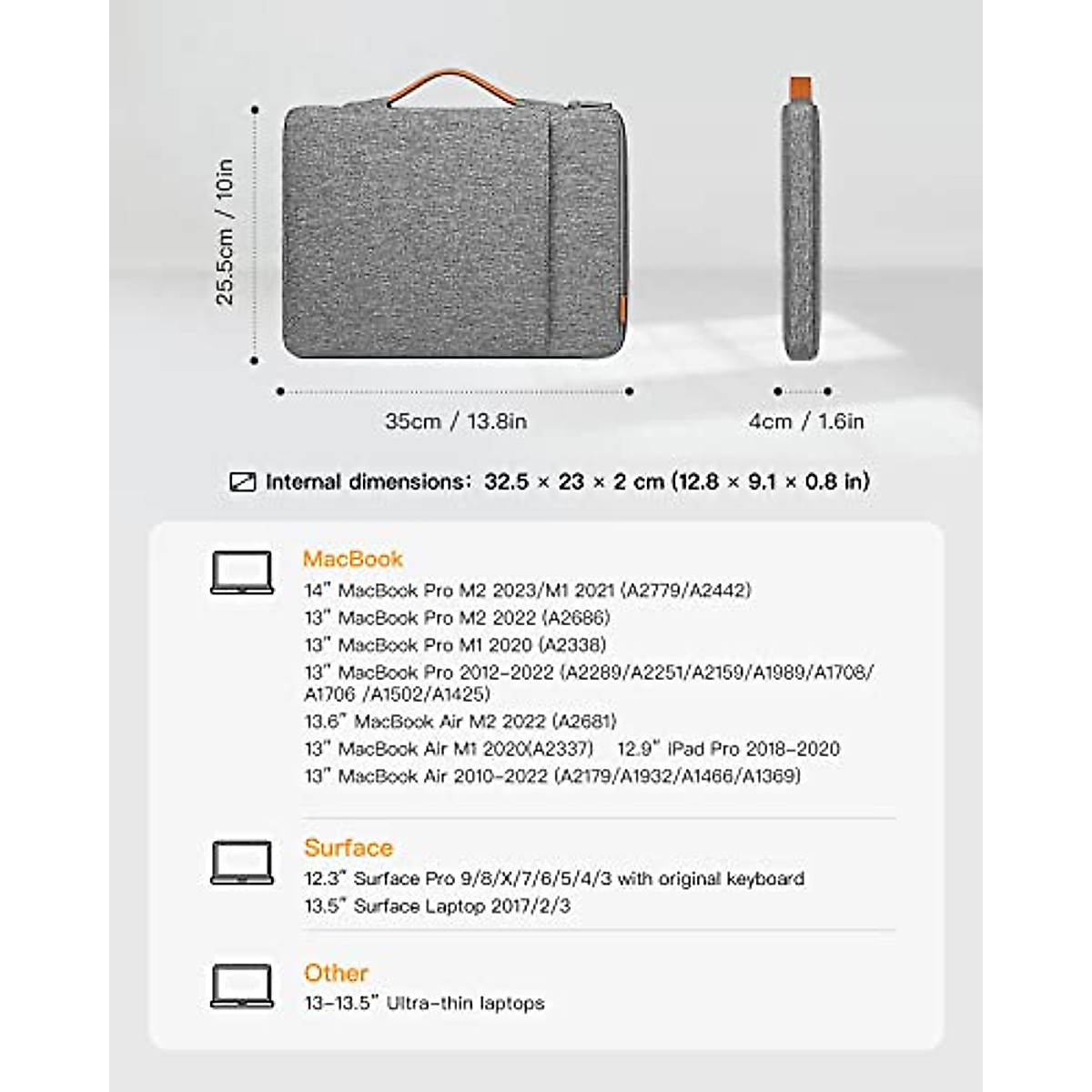 Inateck 13-13.5 Inch 360 Protective Laptop Sleeve Carrying Case Bag Compatible with 13 Inch MacBook Air/Pro M2/M1 2022-2012, 14 Inch MacBook Pro M1 2021 M2 2023, Surface Pro X/9/8/7/6/5/4/3, Gray