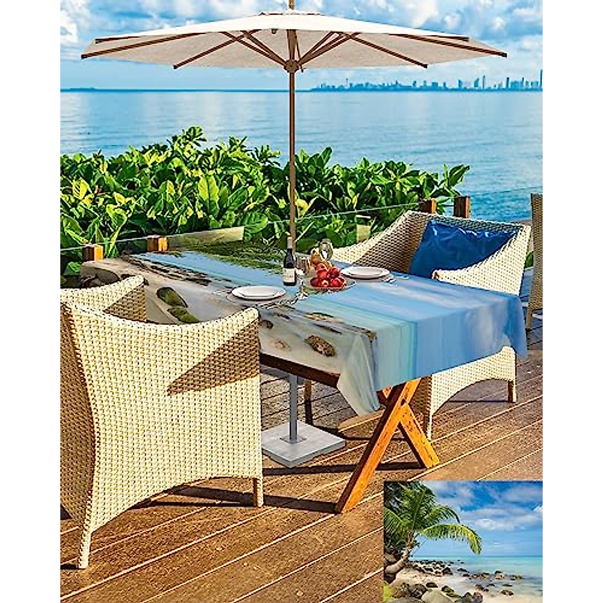 CyCoShower Outdoor Tablecloth Palm Tree Beach Sea Cloud Blue Sky Island Reef Stone Spillproof Outdoor Tablecloth with Umbrella Hole Zipper for Spring Summer Patio Table,52"x70"