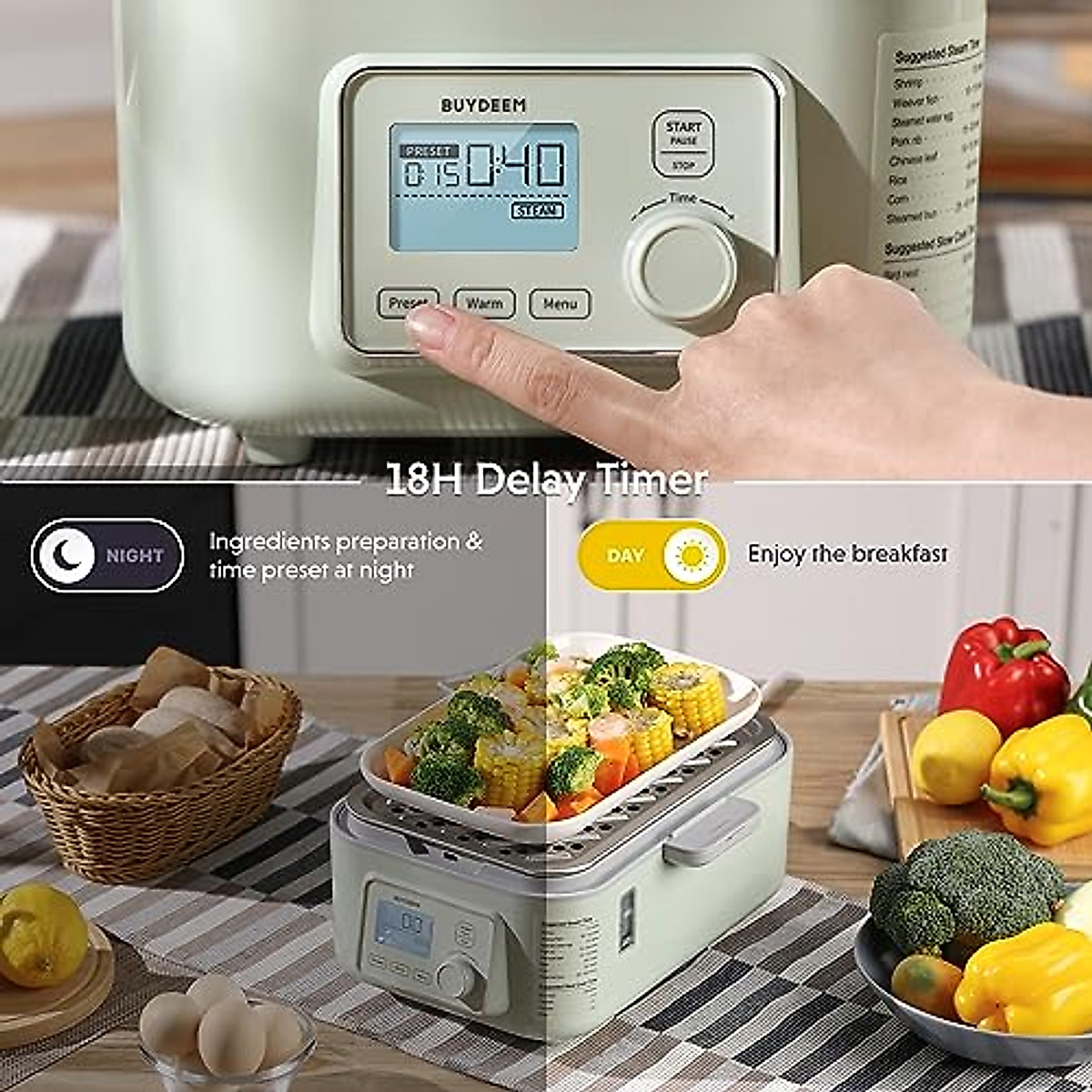 BUYDEEM G553 5-Quart Electric Food Steamer for Cooking, One Touch Vegetable Steamer, Digital Multifunctional Steamer, Quick Steam in 60s, Stainless Steel Steamer Tray, No Stew Pots Included