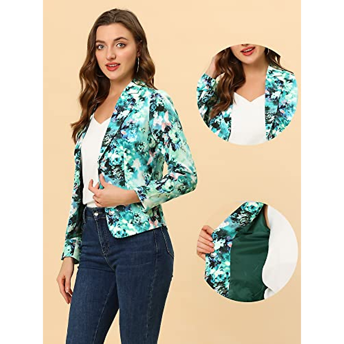 Allegra K Women's Open Front Notch Lapel Printed Business Casual Suit Blazer Jacket Small Green-Flower