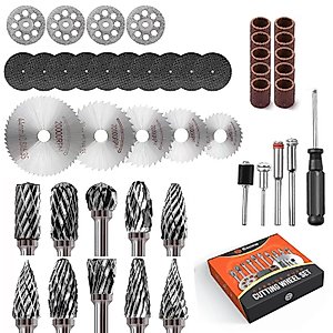 Cocew 49pcs Cutting Wheels Set for Dremel Rotary Tool,5pcs HSS Circular Saw Blades,10pcs Resin Cutting Discs,4pcs Diamond Cutting Wheels,10pcs Sanding Drum,10pcs Carbide Rotary Bur for DIY Carving