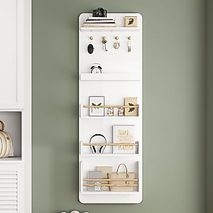 ECACAD 2 in 1 Full Length Mirror Wall Mounted with Shelves, Full Body Dressing Mirror, Versatile Coat Rack with Sliding Mirror for Entryway, Bedroom, White (15.7"-30.5" x 47.2")