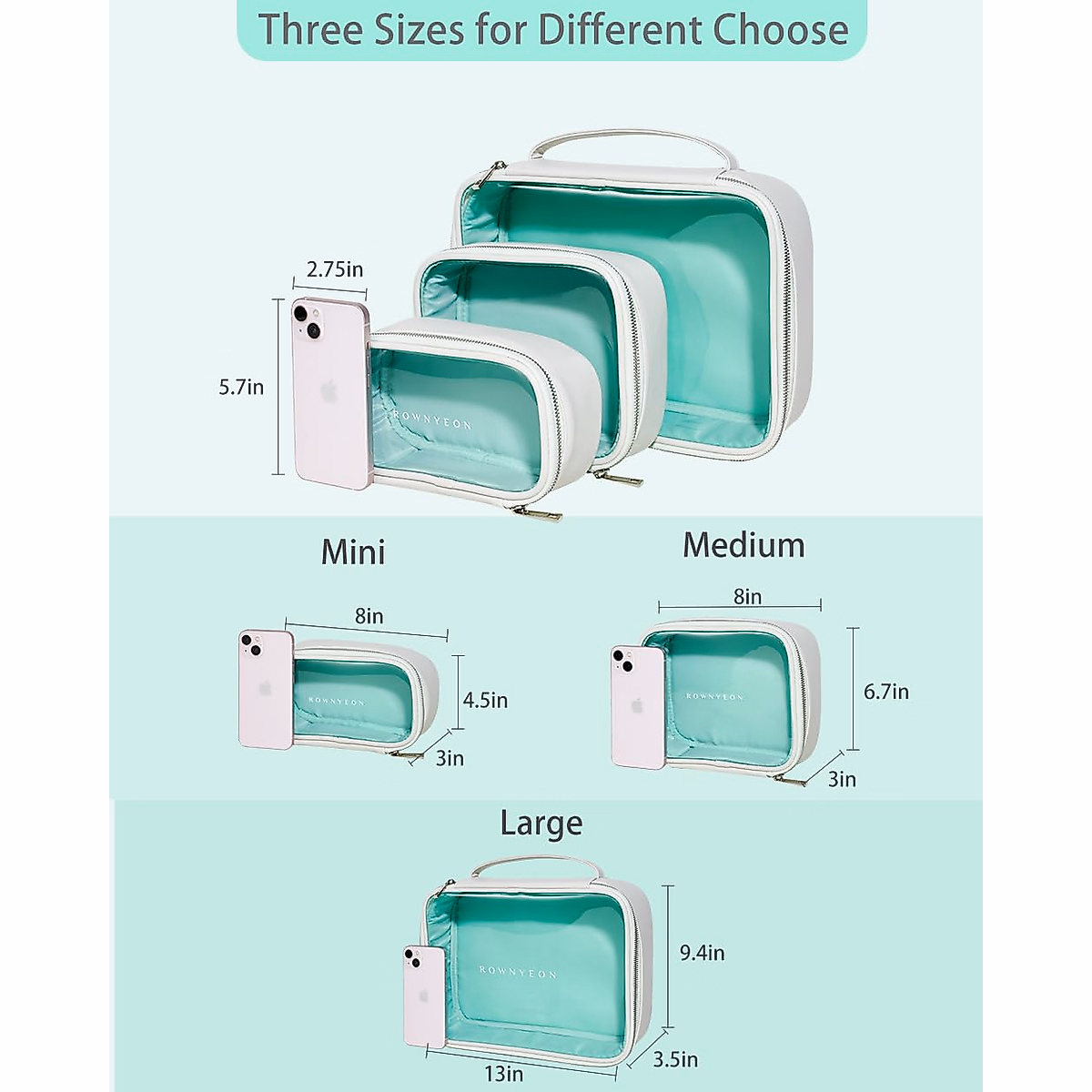 Rownyeon Clear Makeup Case 3 Pcs Transparent Cosmetic Bag Set Travel Makeup Train Case Portable Cosmetic Organizer with Handle White