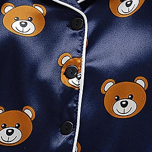 FEDULK Toddler Kids Satin Pajamas Sets, Little Boys Girls Baby Cartoon Animal Button Tops Pants Pjs Sleepwear Outfits(B-Navy,3 Years), 3-4T