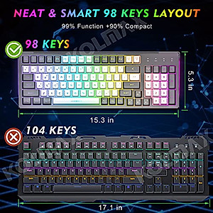 KOLMAX GK98 Wireless Gaming Keyboard,2.4G Rechargeable RGB Gaming Keyboard,RGB Backlit Ergonomic 98 Keys Mechanical Feeling Keyboard for Windows Mac PC Xbox PS4 Gamers(GreyWhite)