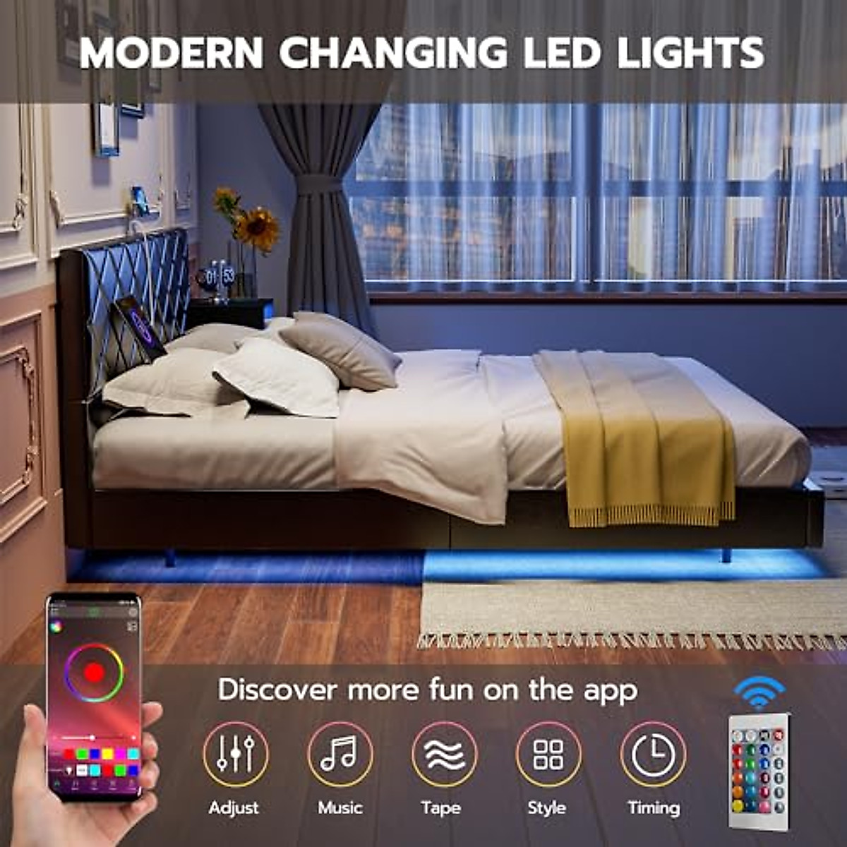 IKIFLY California King Floating Bed Frames with 2 USB Ports - Upholstered Faux Leather Cal King Platform Bed with LED Lights, No Box Spring Needed, Solid Wood Slats, Easy Assembly - Black