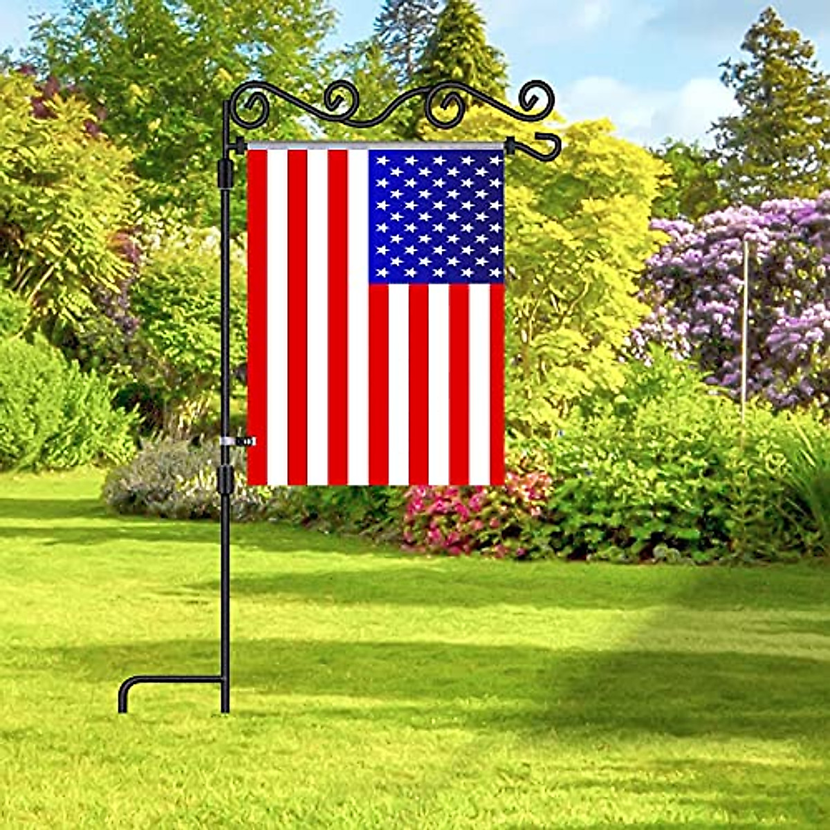 Garden Flag Pole Stand Holders, BONWIN Thickened Flagpole Stands for Garden Yard Lawn Flags, Powder Coated Weather-Proof Paint Metal with Spring Stoppers & Anti-Wind Clip, 36.34" H x 16.02" W (2 PACK)