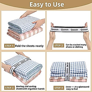 4Pcs Bed Sheet Organizer Bands Sheets Labels for Elastic Bedding Linen Closet Storage Foldable Sheet Set Organizer Sheet Keeper Band (Queen)