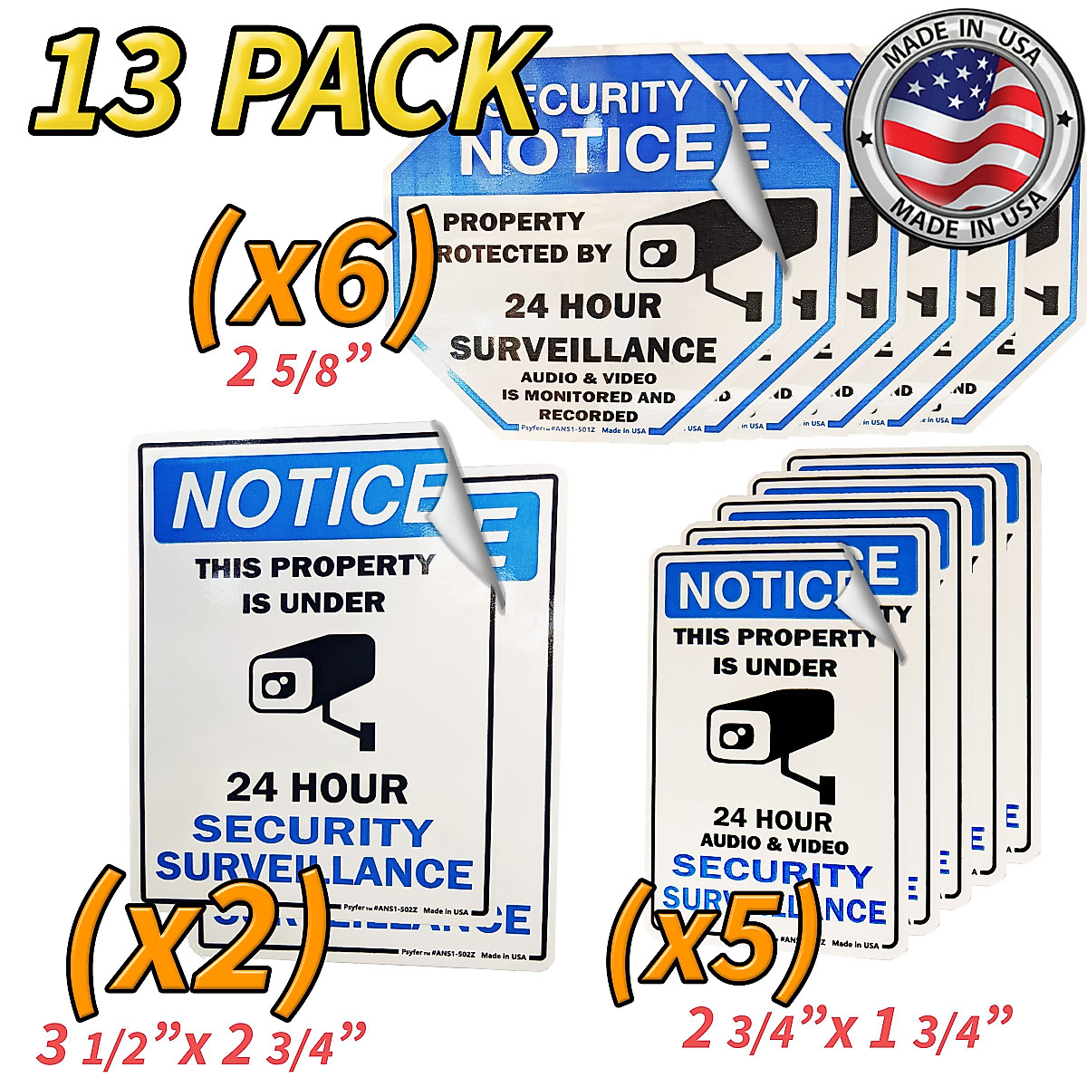 Psyfer® (Fade-Free) 13 Pack - Small Security Camera Audio & Video Outdoor Stickers [Made in USA]