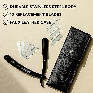 The Beard Club Straight Razor for Men - Navajas Para Barbero - Barber Straight Edge Razor Kit - Premium Single Derby Blade Cutthroat Razor With 10 Replaceable Stainless Steel Blades & Leather Case