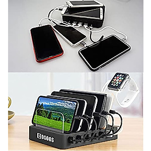 Fastest Charging Station with QC Quick Charge 3.0, COSOOS 63W 12A 6-Port USB Charging Station for Multiple Devices with 6 Mixed Short Cable & iWatch Stand, Multi Charger Station for Cell Phone, Tablet