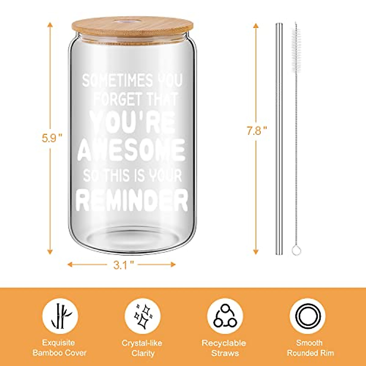 Birthday Gifts for Women Men - Iced Coffee Glass with Bamboo Lid and Straw, Thank You Gifts for Best Friend Coworker Boss Lady, Her, Daughter, Inspirational Appreciation Drinking Can Shaped Cup