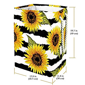 DEYYA Waterproof Laundry Baskets Tall Sturdy Foldable Sunflowers White Black Stripe Print Hamper for Adult Kids Teen Boys Girls in Bedrooms Bathroom