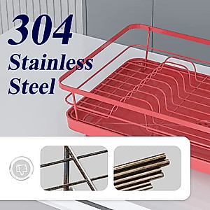 Kitsure Dish Drying Rack, Space-Saving Dish Rack, Dish Racks for Kitchen Counter, Durable Stainless Steel Kitchen Drying Rack with a Cutlery Holder, Red