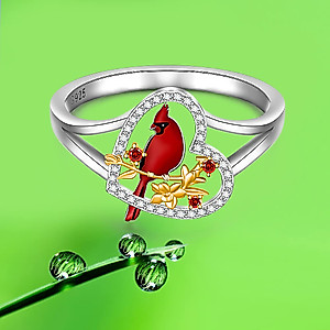 Cardinal Ring for Women Sterling Silver Heart Red Bird Cardinal Jewelry Spiritual Memorial Gifts for Loss of Loved One Size 8