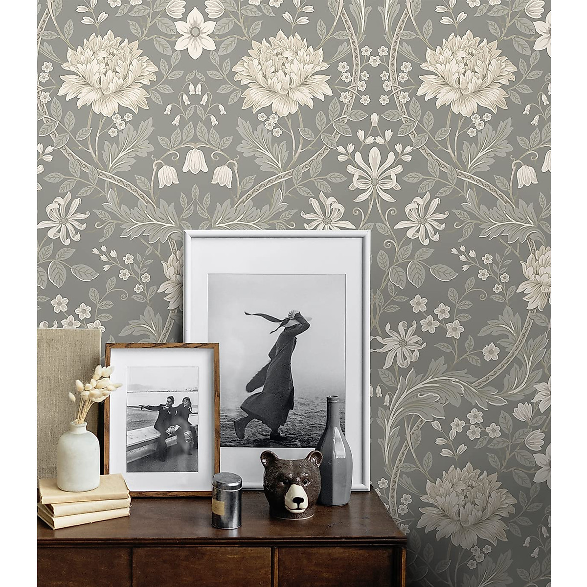 NextWall Honeysuckle Trail Floral Peel and Stick Wallpaper (Daydream Grey)